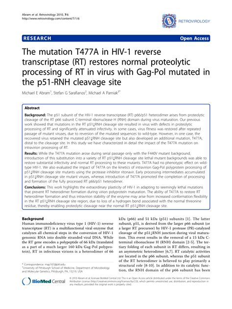 Pdf The Mutation T477a In Hiv 1 Reverse Transcriptase Rt Restores Normal Proteolytic