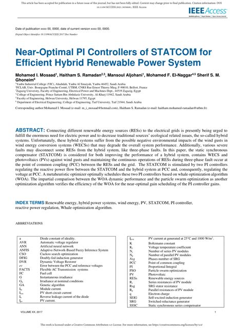 Pdf Near Optimal Pi Controllers Of Statcom For Efficient Hybrid Renewable Power System