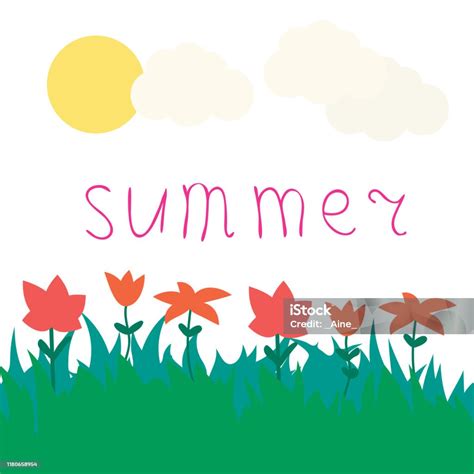 녹색 잔디 꽃 태양과 구름 카드 단어 여름입니다 여름 카드 전단지 빈 공간이있는 흰색 배경에 격리되었습니다 벡터 일러스트레이터 0명에 대한 스톡 벡터 아트 및 기타 이미지