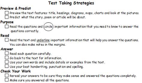 Test Taking Strategies Checklist Text Features Test Taking Strategies Exams Tips