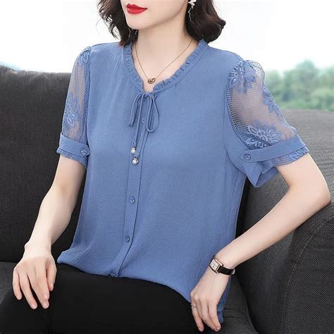 패션 솔리드 대형 쉬폰 바닥 블라우스 숙녀 여름 반팔 플러스 사이즈 루즈한 셔츠 탑 캐주얼 심플한 여성 의류