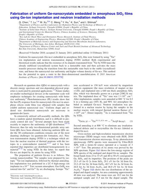 Pdf Uniform Fabrication Of Ge Nanocrystals Embedded Into Sio2 Film