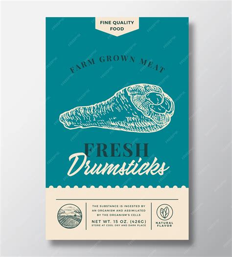 농장에서 자란 고기 추상적 인 벡터 포장 디자인 또는 레이블입니다 현대 타이포그래피 배너 손으로 그린 닭 다리 드럼 스틱