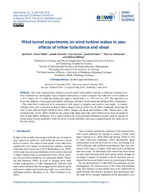 Pdf Wind Tunnel Experiments On Wind Turbine Wakes In Yaw Effects Of Inflow Turbulence And Shear