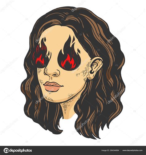 Sexy Beauty Girl With Fire Instead Her Eyes Vintage Color Sketch Engraving Vector Illustration