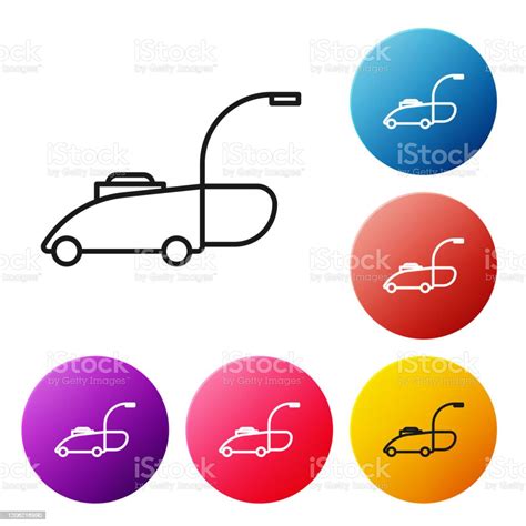 흰색 배경에 격리 된 검은 선 잔디 깎는 기계 아이콘입니다 잔디 깎는 잔디를 절단 잔디 아이콘 다채로운 원 버튼을 설정합니다 벡터 일러스트레이션 농업에 대한 스톡 벡터 아트