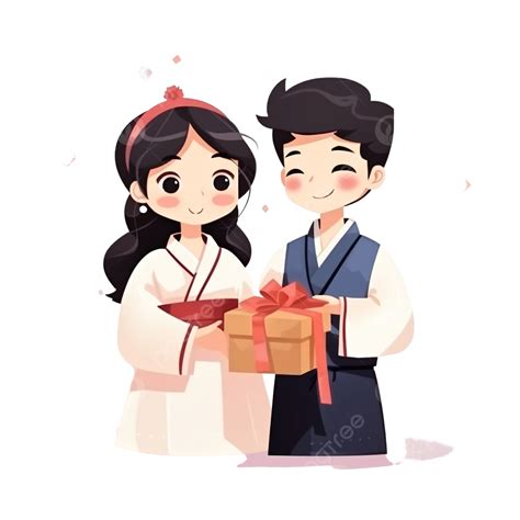 รูปคู่รักเกาหลีน่ารักในชุดแบบดั้งเดิมถือของขวัญสำหรับเทศกาลชูซ็อก Png