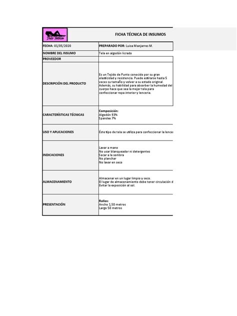 Ficha Técnica De Insumos Pdf Cordón Bienes De Consumo