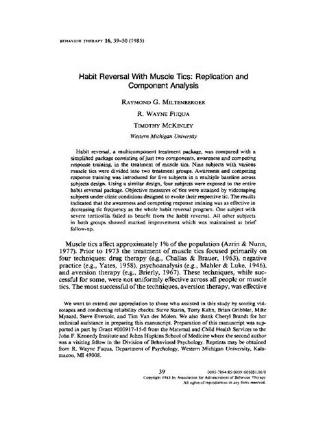 pdf habit reversal with muscle tics replication and component