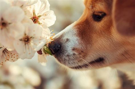 Closeup Of A Dog Sniffing A Spring Blossom Dog Smelling Flower Stock