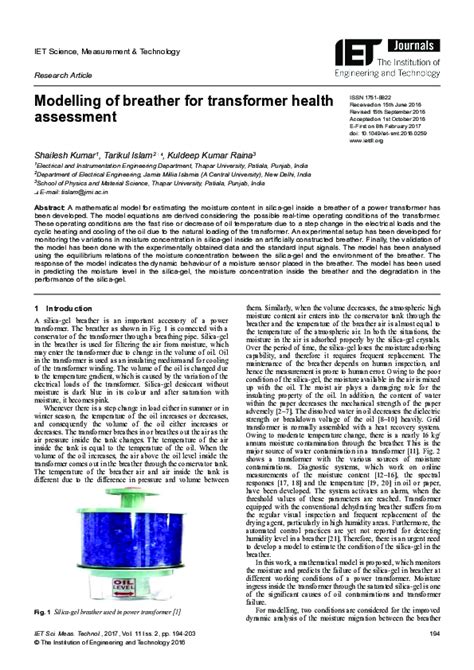Pdf Modelling Of Breather For Transformer Health Assessment