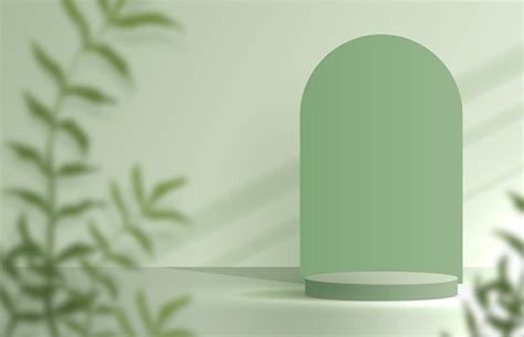 제품 프리젠 테이션 브랜딩 및 포장 프리젠 테이션을위한 화장품 녹색 배경 최소한의 프리미엄 연단 디스플레이 잎 배경의 그림자 스튜디오 무대 3d 일러스트 디자인 공란에 대한