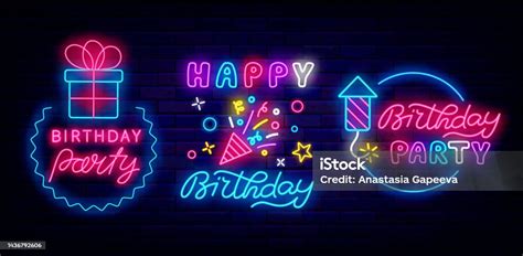 생일 파티 네온 엠 블 럼 컬렉션입니다 생일 축하 초대 라이트 레이블 세트 벡터 스톡 일러스트 생일에 대한 스톡 벡터 아트 및