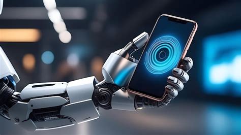 Premium Photo Robot Using Mobile Phone Smartphone Cellphone AI Chatbot Showing Cell Screen