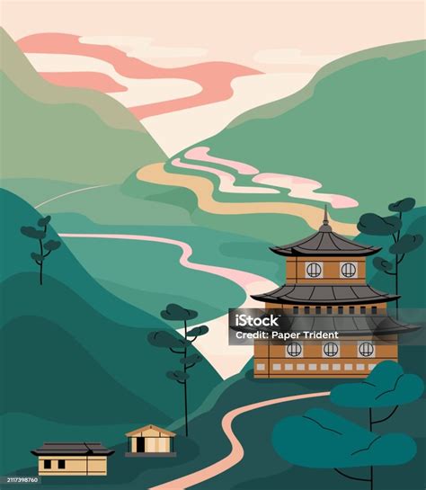 동양의 자연 차 농장 푸른 산 계곡의 강 아시아 풍경입니다 중국 건축 전통적인 오래된 건물 중국 탑 일본의 여름 시골 평면 벡터