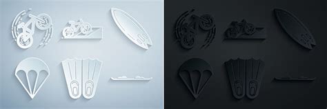 수영 서핑 보드 낙하산 스노우 보드 거리 램프와 트릭 아이콘에 자전거 고무 오리발을 설정합니다 벡터 3차원 형태에 대한 스톡 벡터 아트 및 기타 이미지 Istock