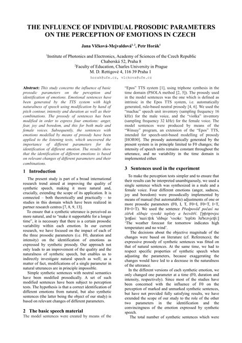 Pdf The Influence Of Individual Prosodic Parameters On The Perception Of Emotions In Czech