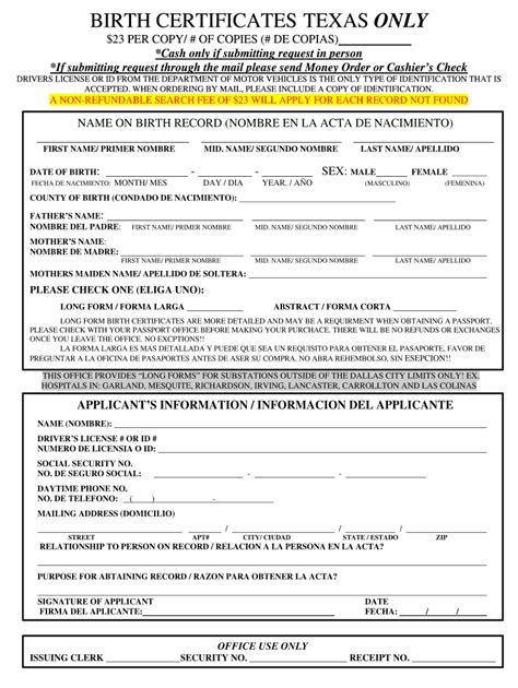 Texas Birth Certificate Application Blank Fillable Template Fill