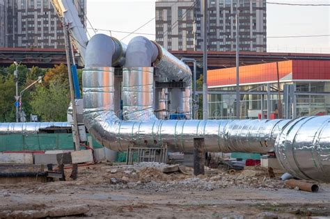 Temporary Bypass Of City Central Heating Pipeline Two Large Diameter Metal Pipes With Thermal