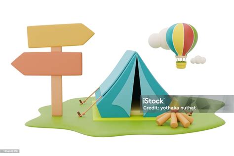 관광 캠핑 텐트 캠프 파이어 캠핑 장소 여름 캠프 개념 3d 렌더링에 푯말이있는 열기구 디지털 생성 이미지에 대한 스톡 사진 및 기타 이미지 Istock