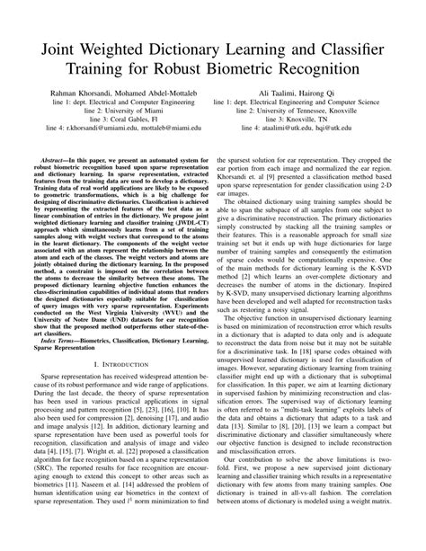 Pdf Joint Weighted Dictionary Learning And Classifier Training For Robust Biometric Recognition