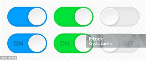 켜기 및 끄기 토글 스위치 아이콘 스위치 토글 버튼을 On Off 재질 디자인 스위치 버튼이 설정됩니다 Ui 아이콘을 열고 닫습니다 활성 및 비활성 아이콘입니다 스톡 벡터