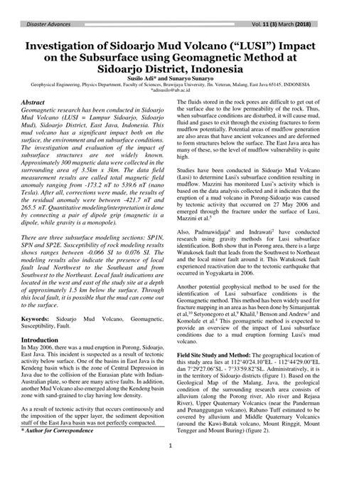 Pdf Investigation Of Sidoarjo Mud Volcano Lusi Impact On The Subsurface Using Geomagnetic