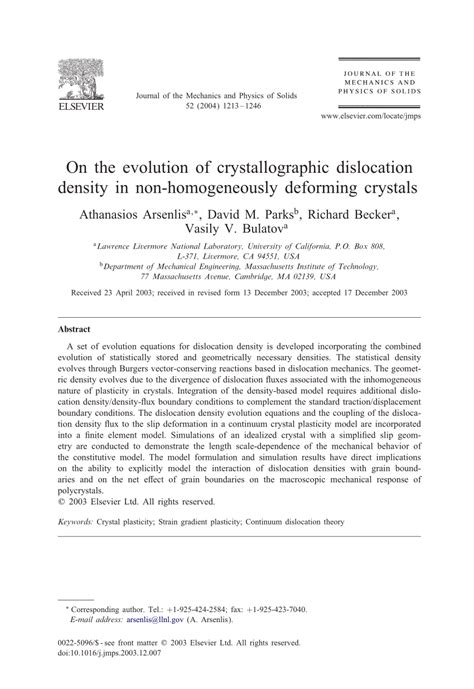 Pdf On The Evolution Of Crystallographic Dislocation Density In Non