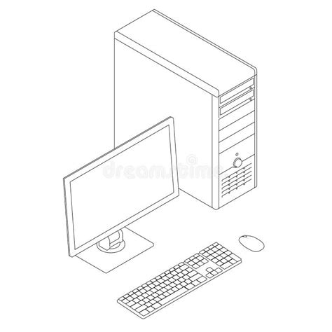 Outline Of The Computer With A Monitor Keyboard And Mouse Isometric