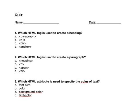 Html Made Easy Quiz With Answer Sheet Etsy