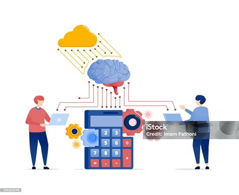 클라우드 기반 학습 기계 뇌 네트워크 및 활성 계산기를 사용하여 Ai 모델을 개발하기 위해 수학 및 회계 데이터에 액세스하는 사람들의 그림 개발에 대한 스톡 벡터 아트 및