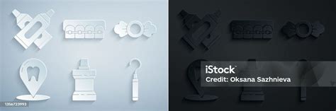 구강 세척 플라스틱 병 사탕 치과 진료소 위치 치아를위한 탐색기 스케일러 중괄호와 치약 아이콘의 교차 튜브를 설정합니다 벡터 3차원 형태에 대한 스톡 벡터 아트 및 기타