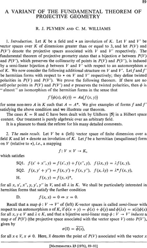 A Variant Of The Fundamental Theorem Of Projective Geometry Plymen 1976 Mathematika