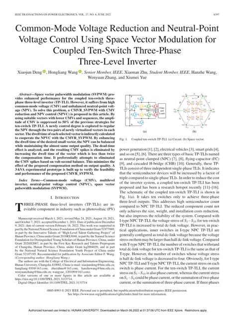 PDF Common Mode Voltage Reduction And Neutral Point Voltage Control Using Space Vector