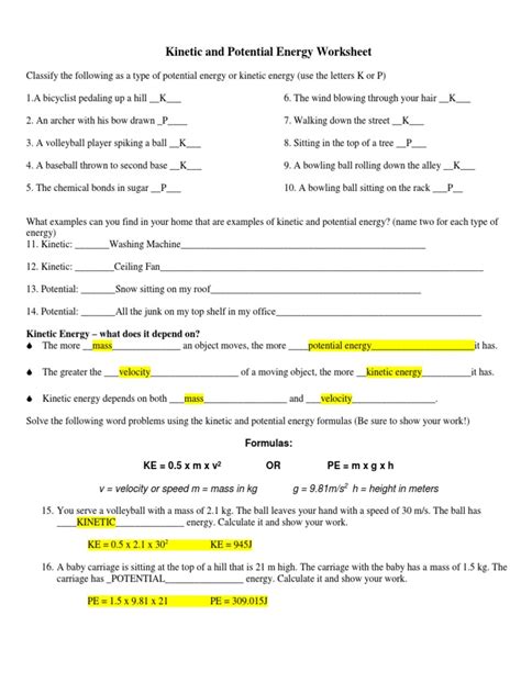 Kinetic And Potential Energy Worksheet Explained Pdf Kinetic