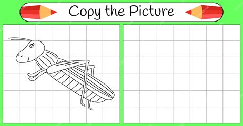 메뚜기를 그리는 방법 단계별로 그리드 학습 무승부를 사용하는 방법 그림 자습서 아이들을 위한 수업 책 색칠 페이지 어린이 교육 예술 페이지 벡터 그림 프리미엄 벡터