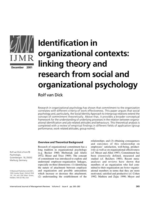 Pdf Identification In Organizational Contexts Linking Theory And Research From Social And