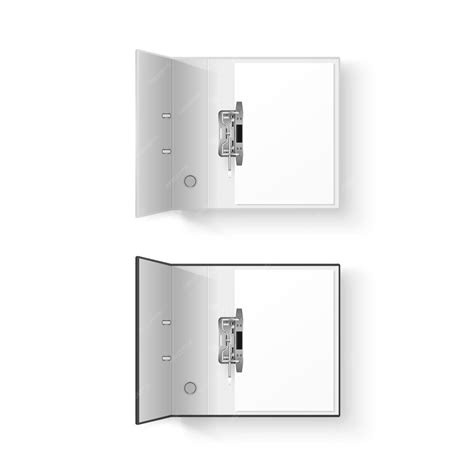 벡터 3d 열린된 현실적인 흰색과 검은색 사무실 바인더 금속 고리와 흰색 배경 디자인 서식 파일 이랑 평면도에 고립 된 A4 종이 시트 근접 촬영 세트 프리미엄 벡터