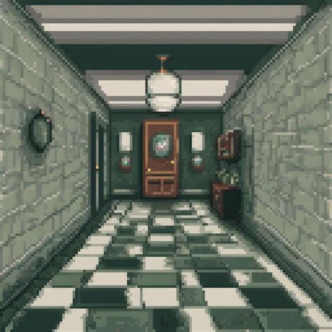 Pixel Art Hallway With Checkered Floor And Door Premium Ai Generated