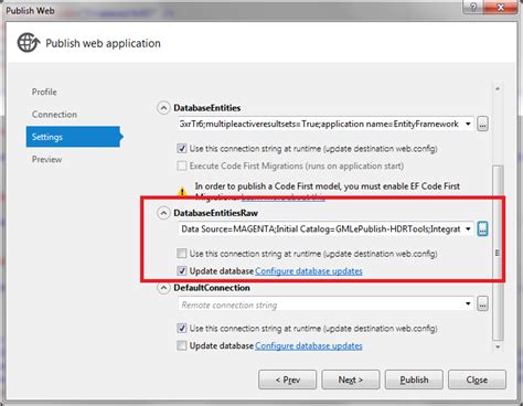 Update Database Feature Not Working In Publish Web Dialog In