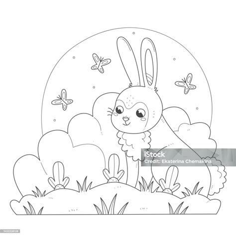 토끼는 성장하는 당근 색칠 공부 책 옆에 앉아 있습니다 토끼 캐릭터는 작물 색칠 공부 페이지를 자랍니다 벡터 봄 또는 여름 일러스트레이션 2023년에 대한 스톡 벡터 아트