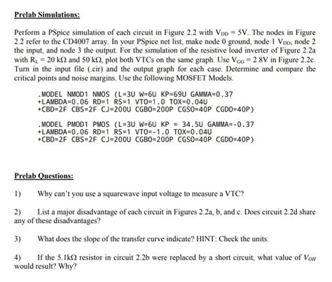 Solved Prelab Simulations Perform A Pspice Simulation Of