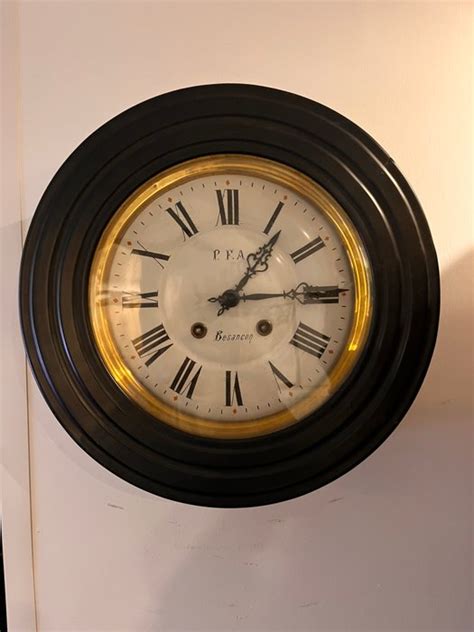School Clock Antique Copper Enamel Glass Wood 1930 1940