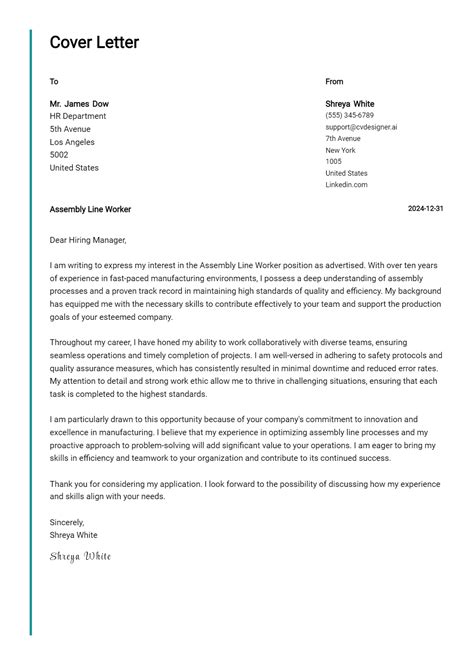 18 Assembly Line Worker Cover Letter Examples And Templates For 2025