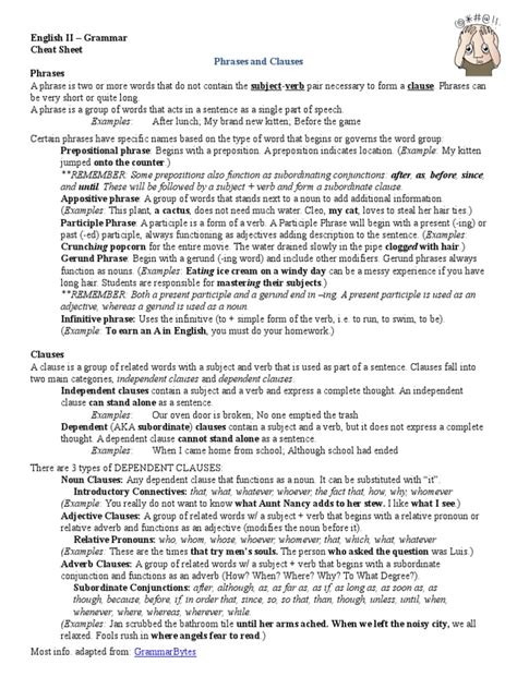 Grammar Cheat Sheet 2016 Pdf Clause Verb