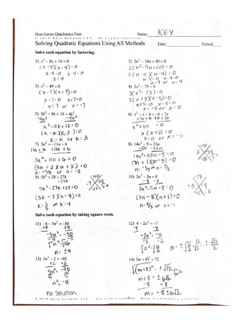 Solving Quadratics Equations Using All Methods Key Pdf