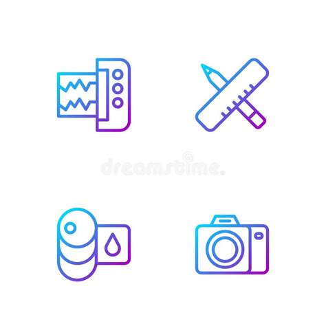 set line photo camera barrel oil seismograph and crossed ruler and