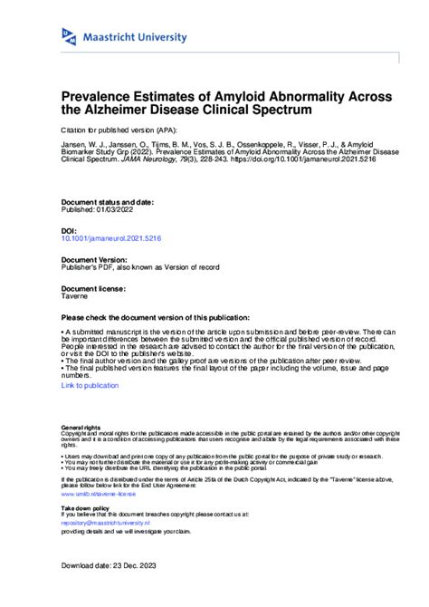 Pdf Prevalence Estimates Of Amyloid Abnormality Across The Alzheimer Disease Clinical Spectrum