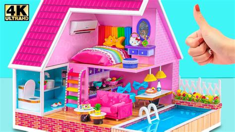 کاردستی مینیاتوری ساخت ویلای صورتی مدرن دو طبقه خانه مقوایی