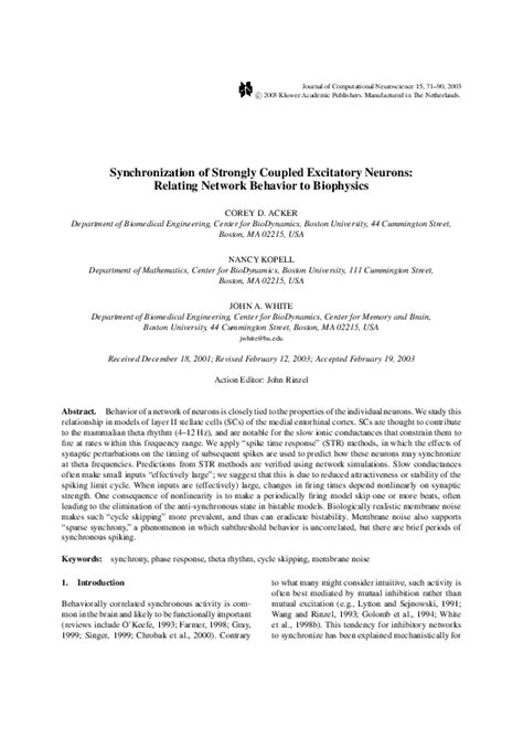 Pdf Synchronization Of Strongly Coupled Excitatory Neurons Relating
